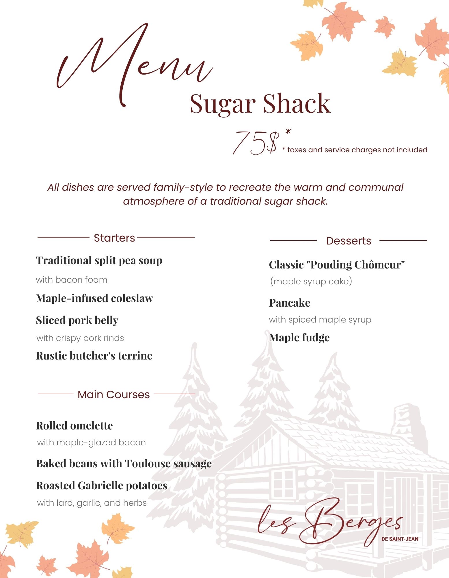 Sugar shack Menu 2025 - Restaurant Les Berges de St-Jean